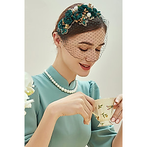 BABEYOND 1920s Fascinator Mesh Flower Pearl Veil Headband Bridal Wedding Tea Party Fascinator Veil for Women