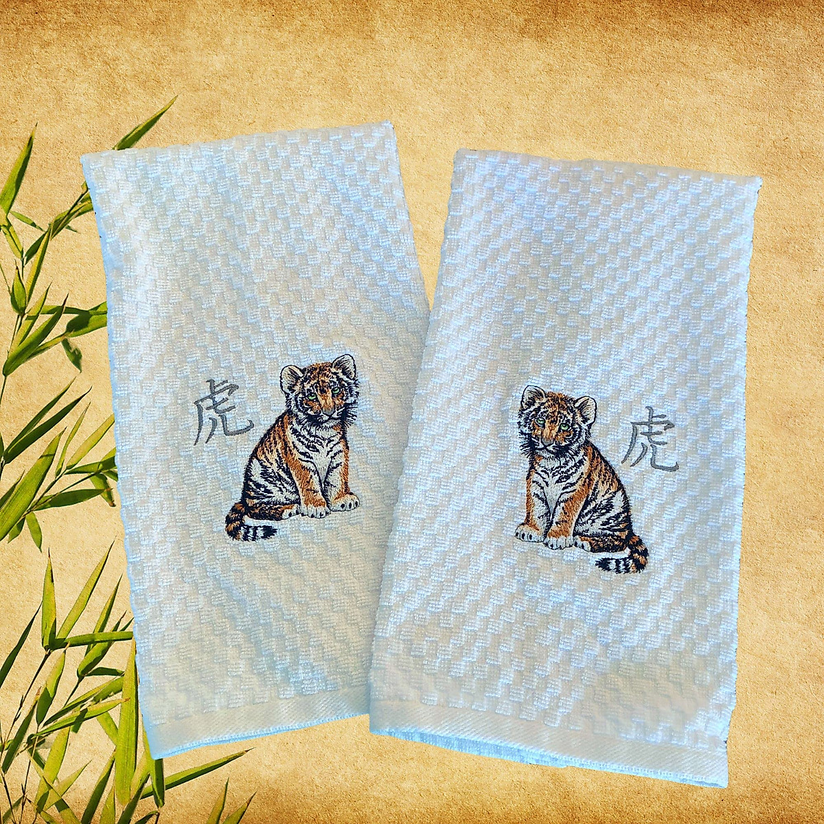 Embroidered Tiger Cub and Kanji Euro Cafe' Waffle Weave Cotton Kitchen/Hand Towel Gift Set - Set Includes Two (2) White Towels