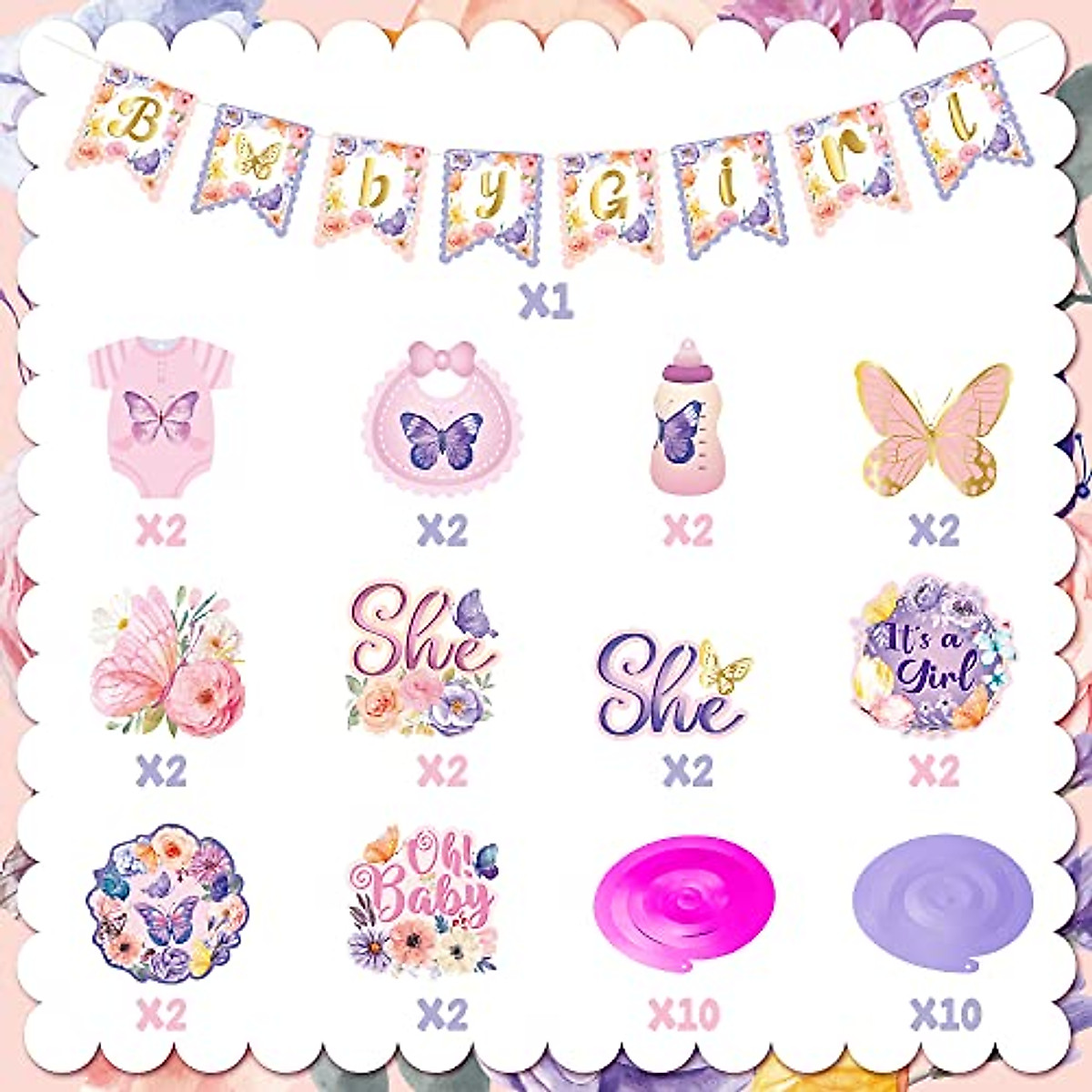 JAPBOR 21PCS Butterfly Baby Shower Hanging Swirls Decorations for Girl, Floral Butterfly Baby Girls Gender Reveal Party Banner Set, It's a Girl Birthday Purple Pink Butterflies Hang Decor Supplies