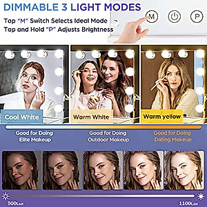 M MIVONDA Lighted Makeup Vanity Hollywood Mirror with 3 Color Lights Dimmable LED Bulbs with 10X Magnification, 2in1 Tabletop and Wall-Mounted Mirror with Plug-in and USB Charger Port