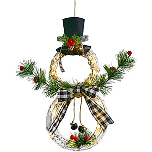 DearHouse Lighted Christmas Wreath Decoration, 16 x 8 Inch Grapevine Wreath with Hat and Bow Snowman Shape Wreath for Front Door Home Garden Wall Decor