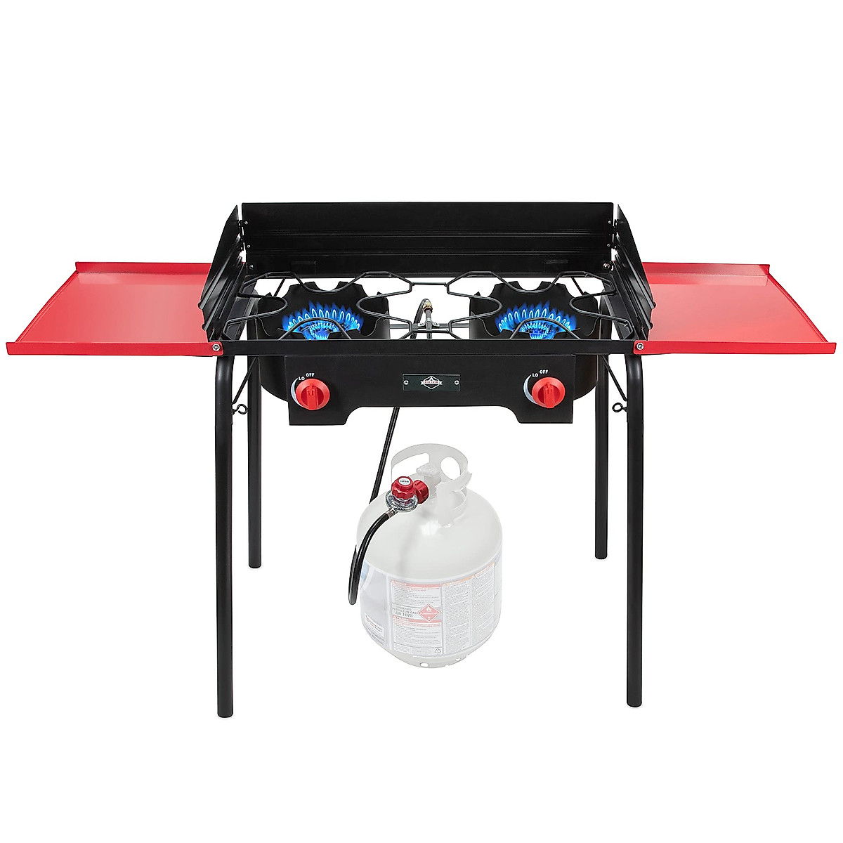 Hike Crew Cast Iron Double-Burner Outdoor Gas Stove | 150,000 BTU Portable Propane-Powered Cooktop with Removable Legs, Temperature Control Knobs, Wind Panels, Hose, Regulator & Storage Carry Case