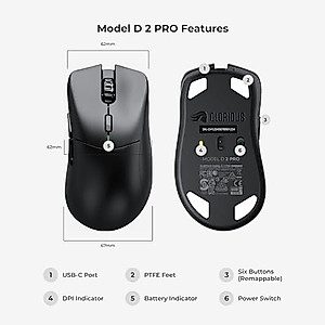 Glorious Gaming Model D 2 PRO Wireless Gaming Mouse - 2.4GHz Wireless 1ms delay, 100M clicks, 60g Ultralight, Long Battery Life, 26K DPI BAMF 2.0 Sensor, Ergonomic, 6 Buttons, PTFE Feet