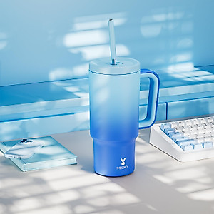 Meoky 24 oz Tumbler with Handle and Straw, 100% Leak-proof Tumbler with Lid and Straw, Insulated Stainless Steel Travel Coffee Mug, Keeps Cold for 24 Hours (Sky)