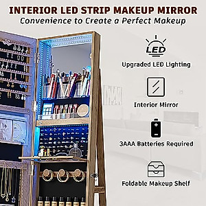 FOMNEY 360° Swivel Jewelry Armoire with Mirror, 63" H Full Length Mirror with Storage, Standing Mirror Jewelry Cabinet has LED Lights, Standing Jewelry Organizer/Makeup Shelf for Bedroom (Wood)