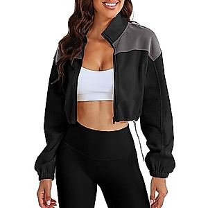 Herseas Women's Black Color Block Fleece Short Workout Jacket Warm Winter Long Sleeve Full Zip Stand Collar Fashion Sherpa Crop Coat Small 4 6