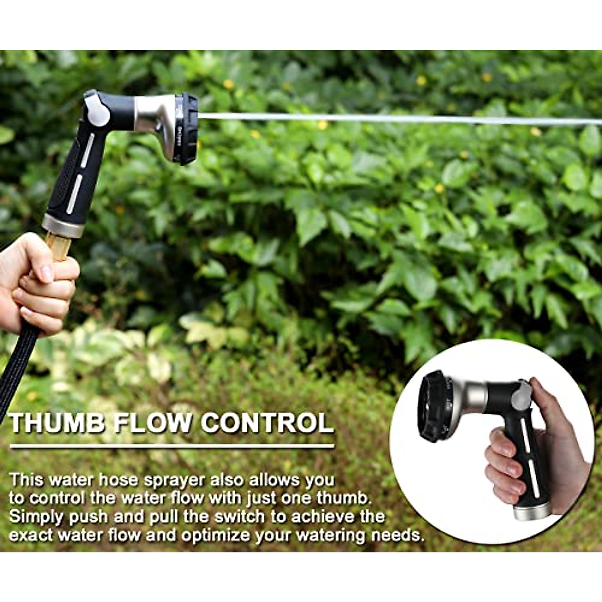 ESOW Garden Hose Nozzle 100% Heavy Duty Metal, Water Hose Sprayer with 8 Watering Patterns, Thumb Control On Off Valve, High Pressure Nozzle Sprayer for Watering Plants, Car and Pet Washing, Black