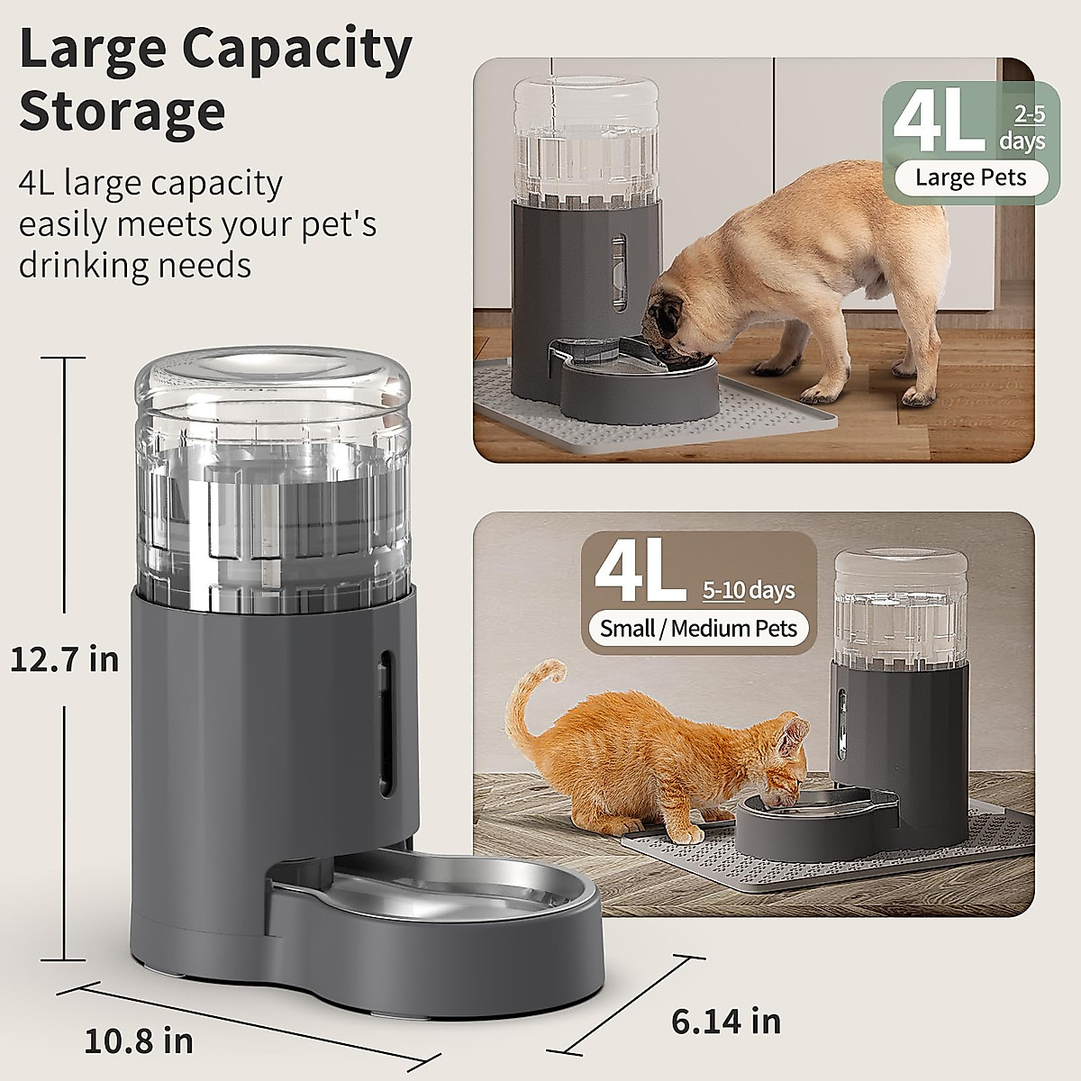 JUNSPOW Cat Water Dispenser with Placemat and Stainless Steel Bowl, Automatic Gravity Water Dispenser for Cats or Small Medium Size Dogs, Large Capacity, Easy to Clean and Safe for Pets (4L)