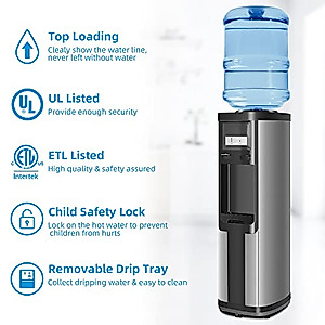 Water Cooler Dispenser, 5 Gallon Top Loading Water Cooler Water Dispenser, 2 Temps (Hot & Cold), Quiet, Black and Stainless Steel, ETL Listed, Child Safety Lock