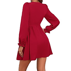 Umenlele Women's V Neck Ruched Ruffle Puff Long Sleeve Cocktail Flowy Mini Short Dress Cherry Small