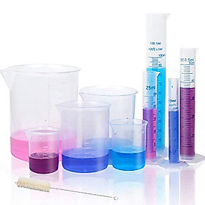 APLANET Plastic Graduated Cylinders and Beakers, 10ml, 25ml, 50ml, 100ml Cylinders with 50ml, 100ml, 250ml, 500ml, 1000ml Beakers and 1 Tube Brush, Ideal for Home and School Science Lab