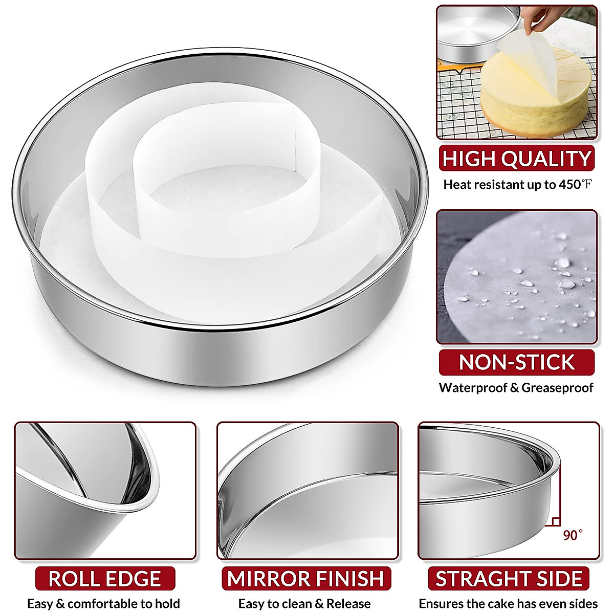 E-far 8 Inch Cake Pan Set of 2, Stainless Steel Round Layer Cake Baking Pans with Parchment Rounds & Side Liner Roll, Non-Toxic & Healthy Metal Cakes Tin, Straight Side & Dishwasher Safe