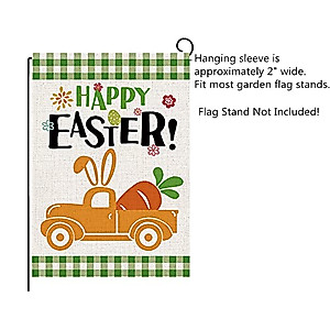 Happy Easter Truck Garden Flag, Spring Vertical Double Sized Burlap Flag for House Yard Outdoor Decor 12.5 x 18 Inch