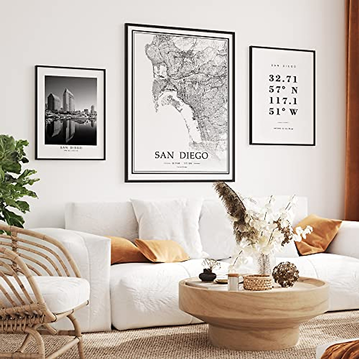 Dear Mapper San Diego United States View Abstract Road Modern Map Art Minimalist Painting Black and White Canvas Line Art Print Poster Art Line Paintings Home Decor (Set of 3 Unframed) (12x16inch)