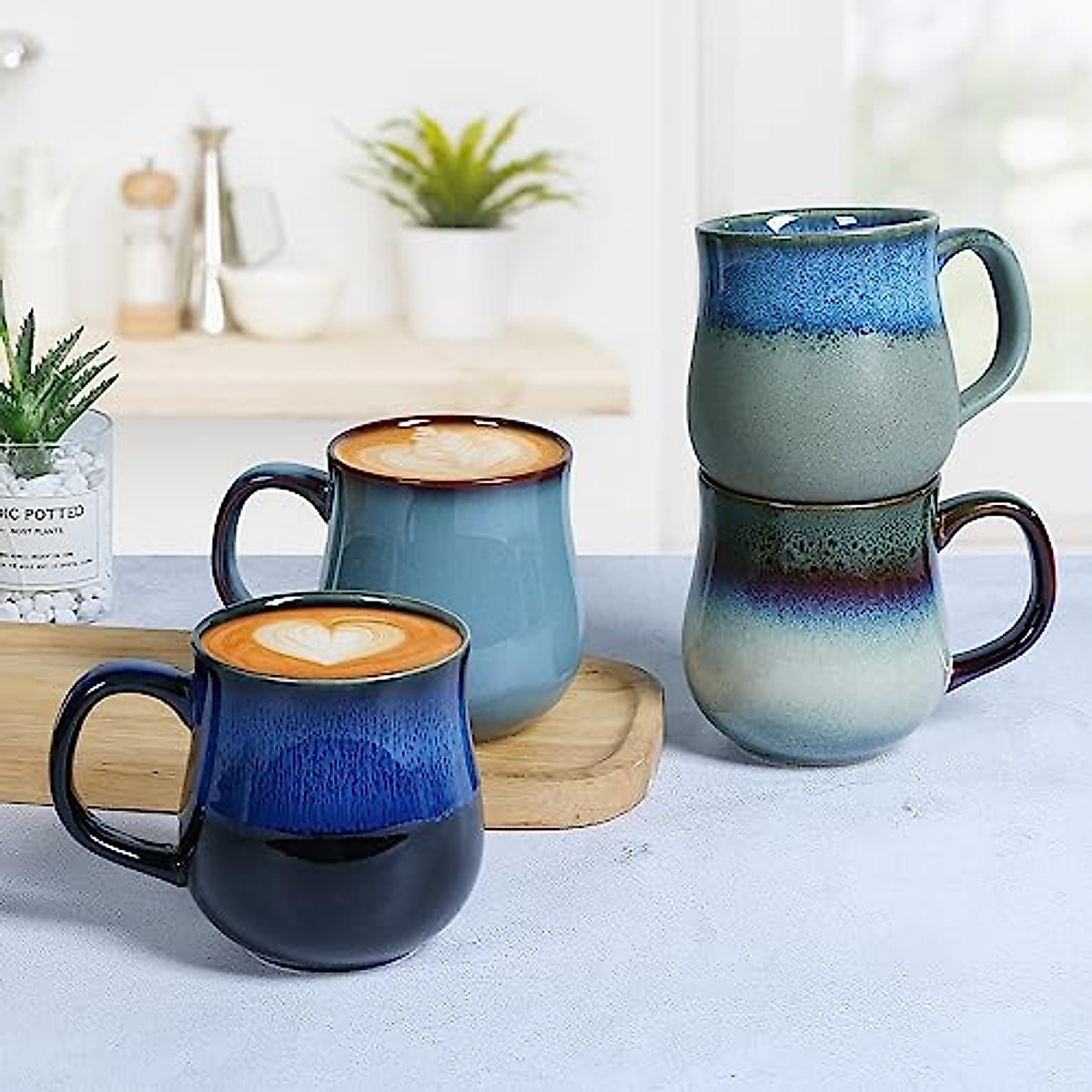 RELEDESA 16 Oz Large Ceramic Coffee Mug with Big Handle, Handmade Glazed Tea Cup for Office and Home, Microwave and Dishwasher Safe, Small Coffee Cups for Hot and Cold Drinking (Ink Green)