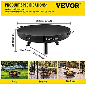 VEVOR Fire Pit Bowl, 30-Inch Deep Round Carbon Steel Fire Bowl, Wood Burning for Outdoor Patios, Backyards & Camping Uses, with A Drain Hole, Portable Handles and A Firewood Stick, Black