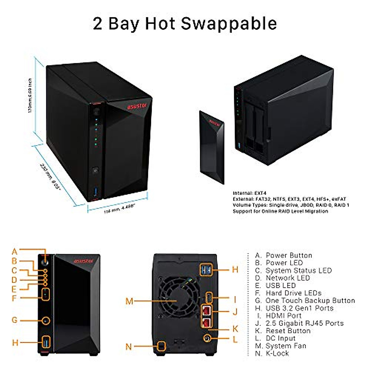 Asustor AS5202T - 2 Bay NAS, 2.0GHz Dual-Core, 2 2.5GbE Ports, 2GB RAM DDR4, Gaming Network Attached Storage, Personal Private Cloud (Diskless)