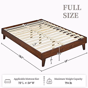 Yaheetech Full Bed Frame Deluxe Natural Solid Pine Wood Platform Bed, Reserved Holes for DIY Headboard/Wooden Slats Support/7.5″ Clearance Space/No Noise/Easy Assembly, Smoked Walnut Full Bed