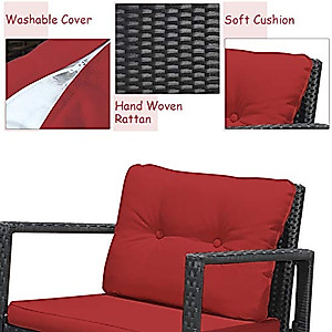 DORTALA 3 Pieces Patio Furniture Set, Rattan Rocking Chair and Glass Coffee Table for Backyard PoolsideOutdoor Wicker Conversation Set w/Cushioned Seat, Set of 3 Patio Bistro Set, Burgundy