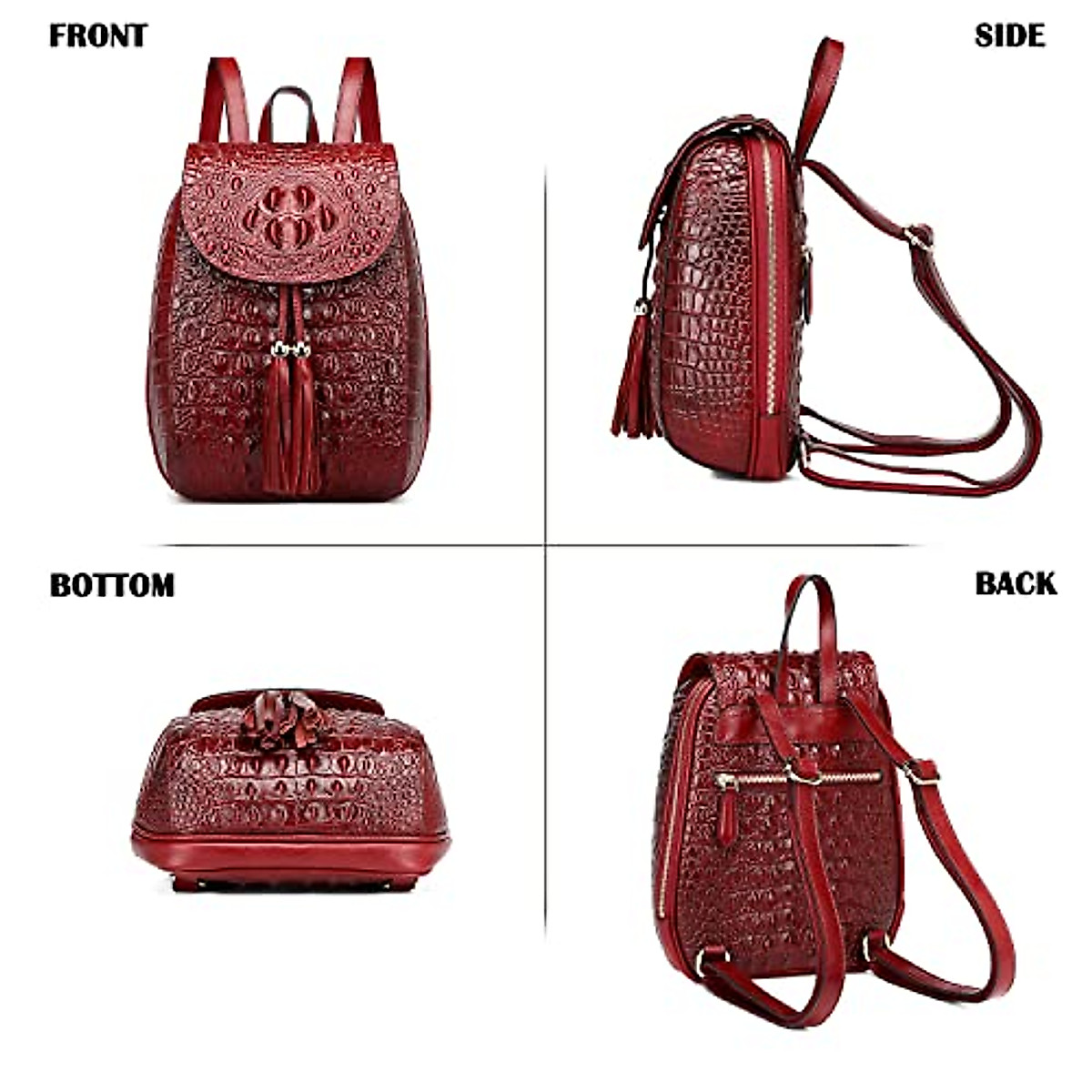 Women Small Genuine Leather Backpack Purse Crocodile Designer Bag (Wine Red)
