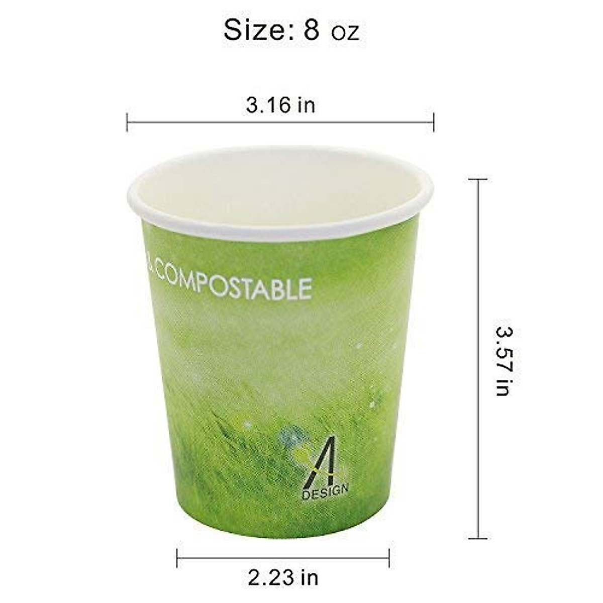 A+ DESIGN Special Green Grass Design Paper Hot Coffee Cups Eco-friendly,100% Blodegradable&Compostable (Green grass, 100 count, 8 oz)