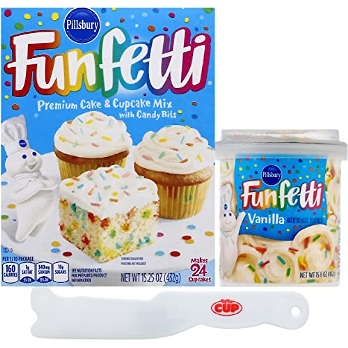 Pillsbury Funfetti Premium Cake Mix, 15.25 oz and Funfetti Vanilla Flavored Frosting, 15.6 oz with By The Cup Spatula Knife