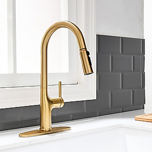 FROPO Brushed Gold Kitchen Faucet, Single Handle Gold Kitchen Sink Faucet with Pull Down Sprayer Modern Stainless Steel Brass Gold Faucet with Deck Plate 3-Function Spray Head 1 or 3 Hole