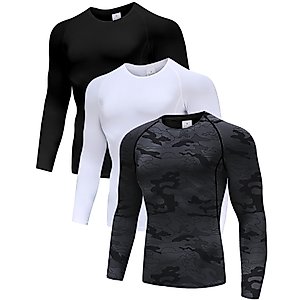 Men's (Pack of 3) Cool Dry Compression Long Sleeve Sports Baselayer T-Shirts Tops Black/White/Camo Black-L