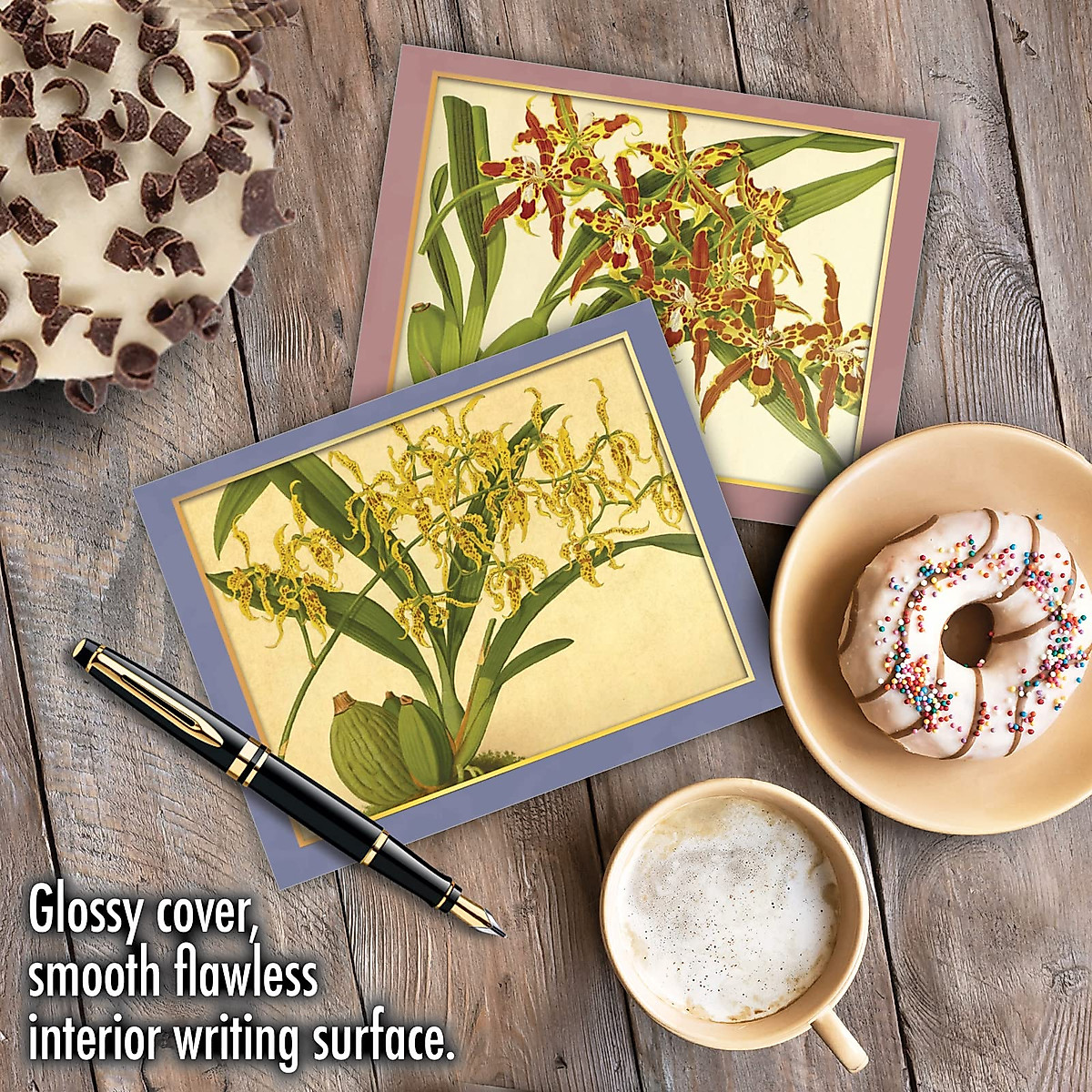 The Best Card Company - 10 Boxed Note Cards with Flowers - Blank Assorted Floral Notecards Bulk (4 x 5.12 Inch) - Tiger Orchids M10037BK