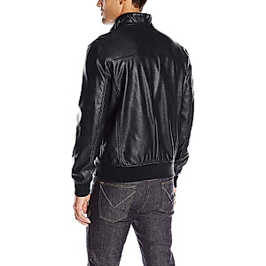 Tommy Hilfiger Mens Faux Leather Bomber Windbreaker Jacket, Black, Large US