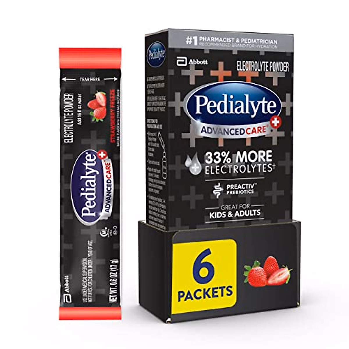 Pedialyte AdvancedCare Plus Electrolyte Powder, with 33% More Electrolytes and PreActiv Prebiotics, Strawberry Freeze, Electrolyte Drink Powder Packets, 0.6 Oz, Pack of 6