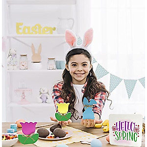 Ahzemepinyo 5 Pieces Easter Bunny Table Wooden Sign Wooden Tulips Tiered Tray Decor Hello Spring Wood Tabletop Decoration for Happy Easter Party Supplies