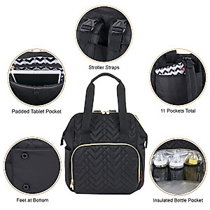 Quilted Backpack Diaper Bag Tote with Changing Pad, Stroller Straps, Insulated Bottle Compartment (Midnight Black)