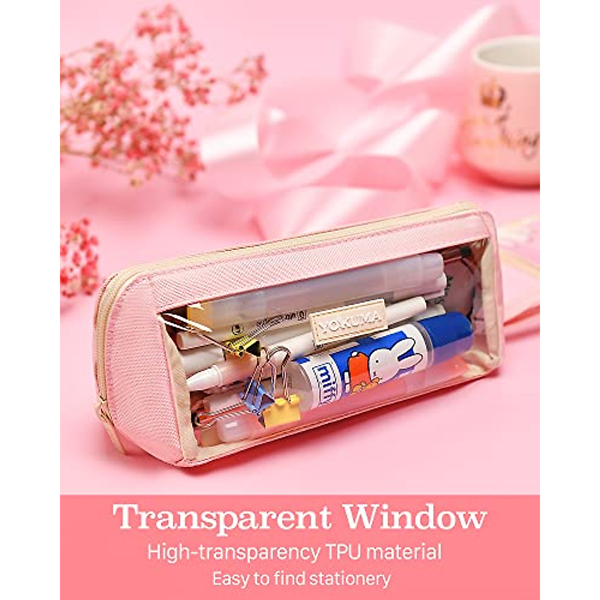 YOKUMA Clear Aesthetic Pencil Case Pouch Cute Kawaii Mark Pen Case Organizer Transparent Colored Large Capacity Makeup Bag for Girls Teen College Students Adults, Back to School Supplies (Pink)