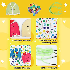 WEBEEDY Wooden Clothes Lacing Game, Montessori Fine Motor Skill Threading Game, Sewing Button Lacing Card Game, Early Development Game,8.66x5.51x1.97 Inch