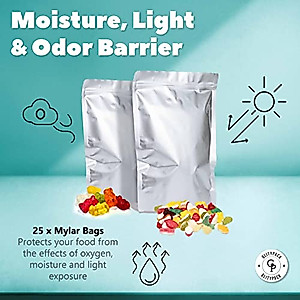 25 Mylar Bags with 25 Oxygen Absorbers - Large 1 Gallon Gusseted Bag 40 Labels for Food Storage - 5mil Resealable Packaging with Food Grade Absorber To Keep Out Moisture, Light & Oxygen for Long Storage