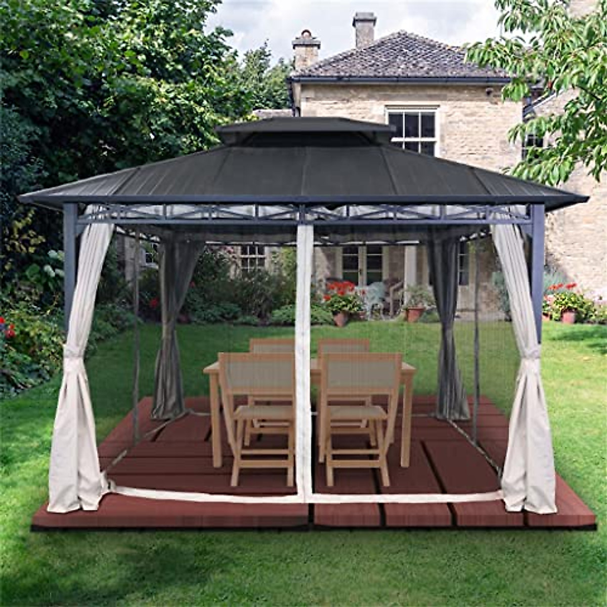 UXZDX 12 Ft. X 10 Ft. Black 2-Tier Double Roof Metal Hard Top Gazebo with Curtains and Netting