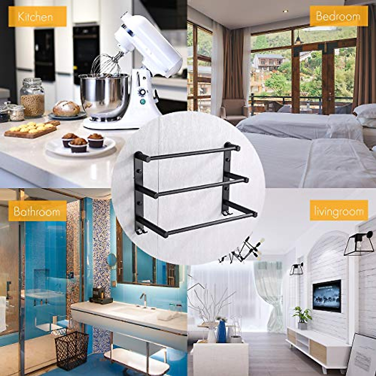 KES 3-Tier Black Towel Bar 16 Inch Bathroom Towel Rack Towel Holder Rustproof Towel Hanger Slipper Rack with 2 Hooks Wall Mount, BTH400S40DG-BK