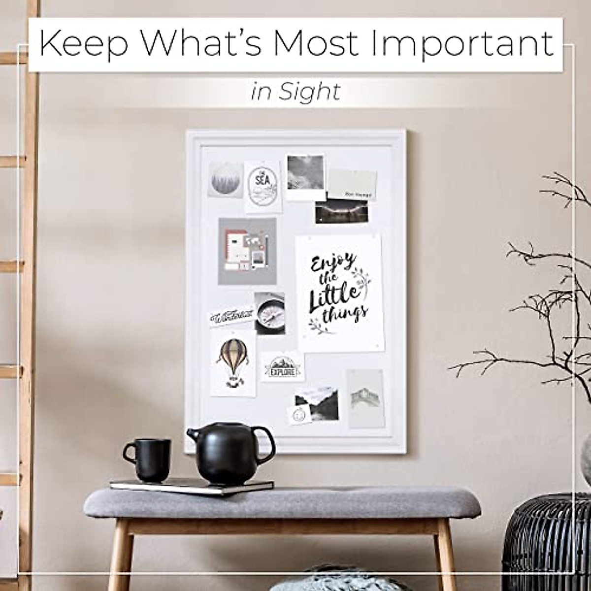 SKL Products Cork Board - 30" x 20" Large, Framed, White Bulletin Board for School, Home, Kitchen & Office Walls