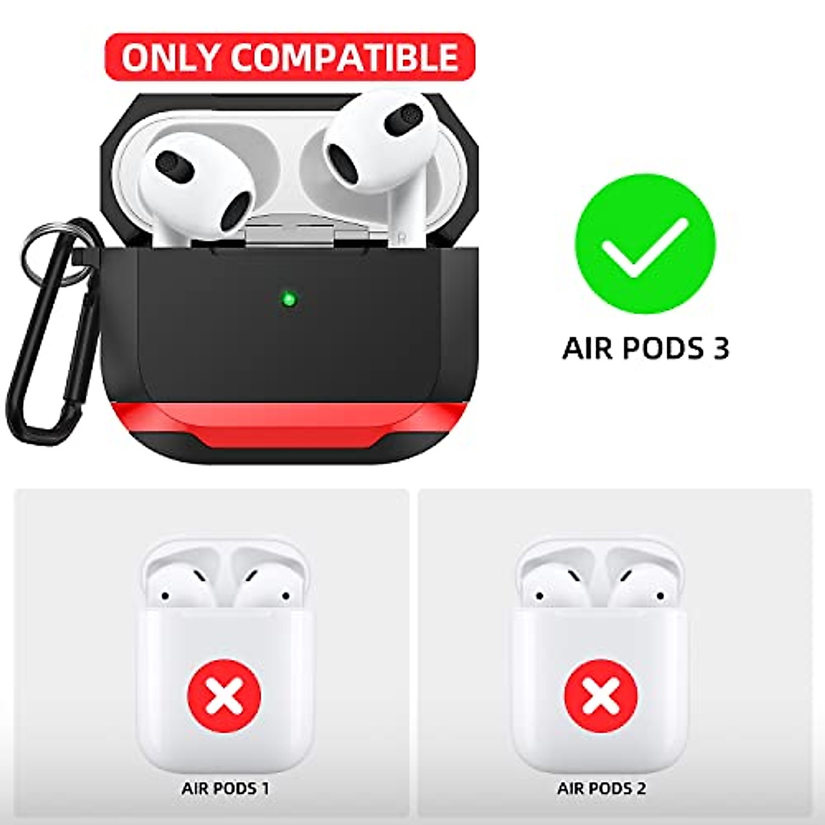 MUCOKE Compatible with AirPods 3 Case 2021, Aluminum Alloy and Shockproof TPU Protective Cover, Compatible with AirPods 3rd Generation Case, with Keychain (Red Black)