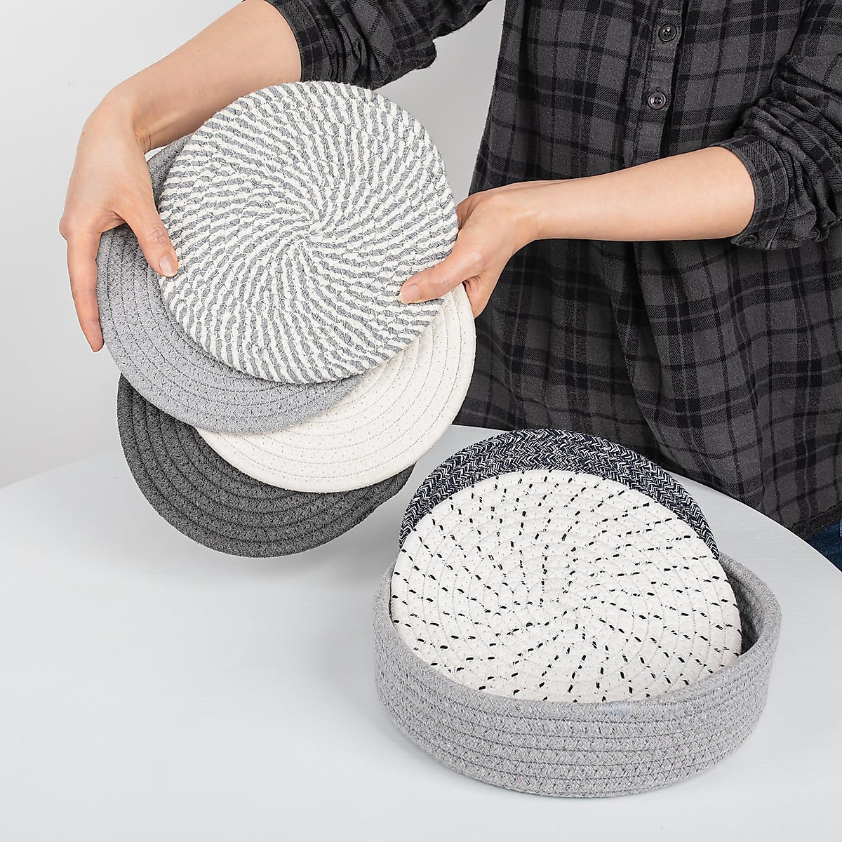 8" Trivets for Hot Dishes, Hot pots and Pans,6 Heat Resistant Hot Pads and Storage Basket 1 Pack,Pot Holders for Kitchen, Hot Plate Mats for Kitchen Countertops, Table, Home Essentials, Farmhouse Deco