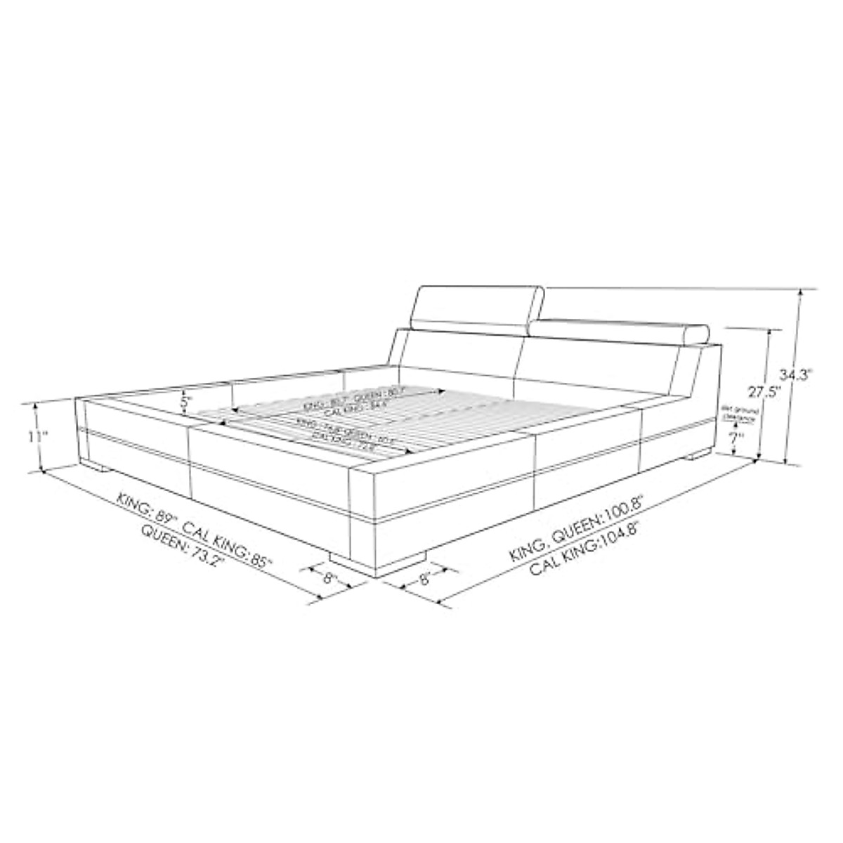 ZURI Hera Genuine Black Leather Platform Bed with Adjustable Headrests - Queen