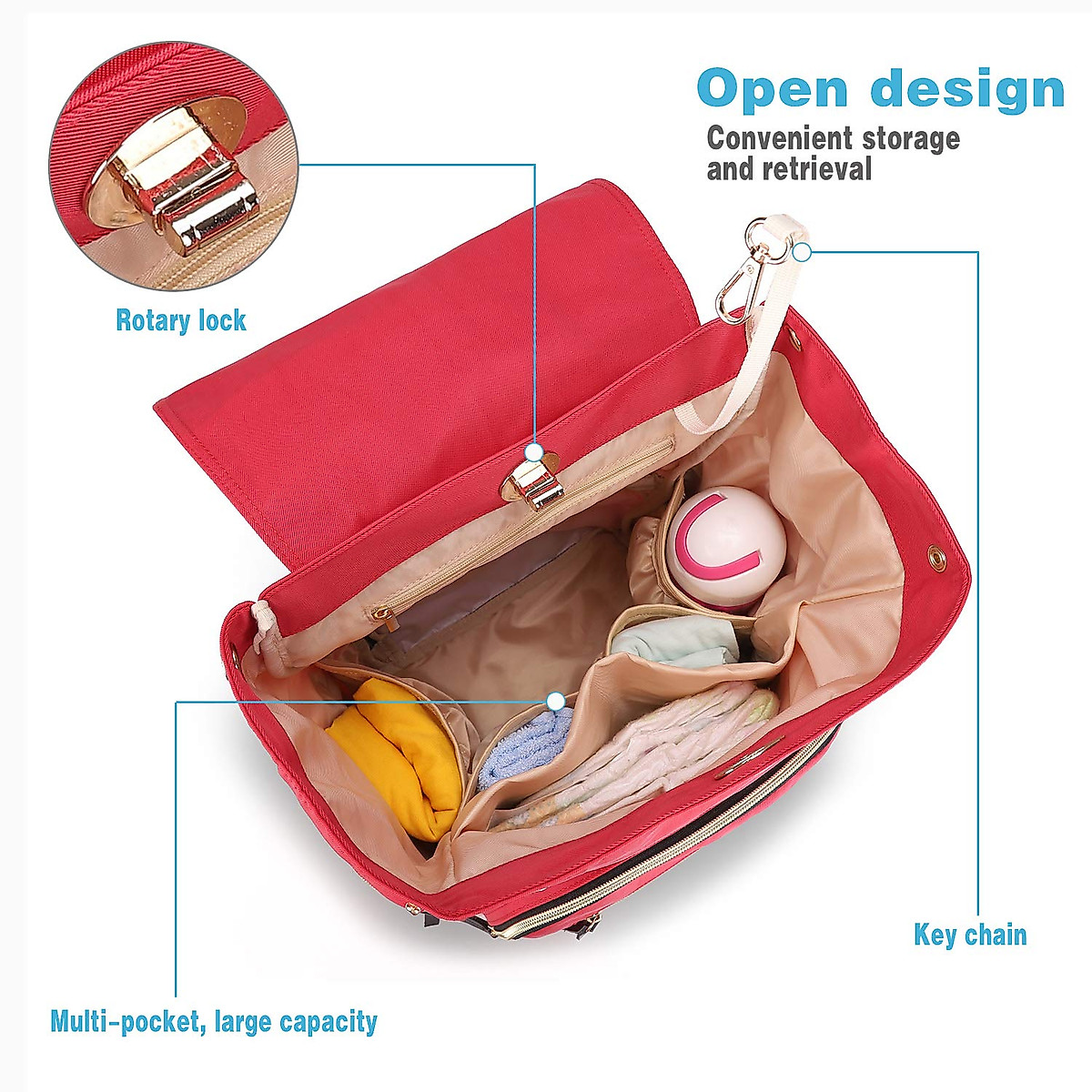 QIMIAOBABY Diaper Backpack, Waterproof Nylon Baby Nappy Storage Bag (Red)