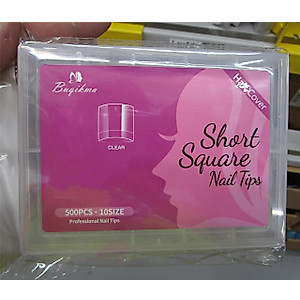 Buqikma 500PCS Short Nail Tips for Acrylic Nails - Clear False Short Artificial Tips for Manicure with Box（Pink Box with Tips）