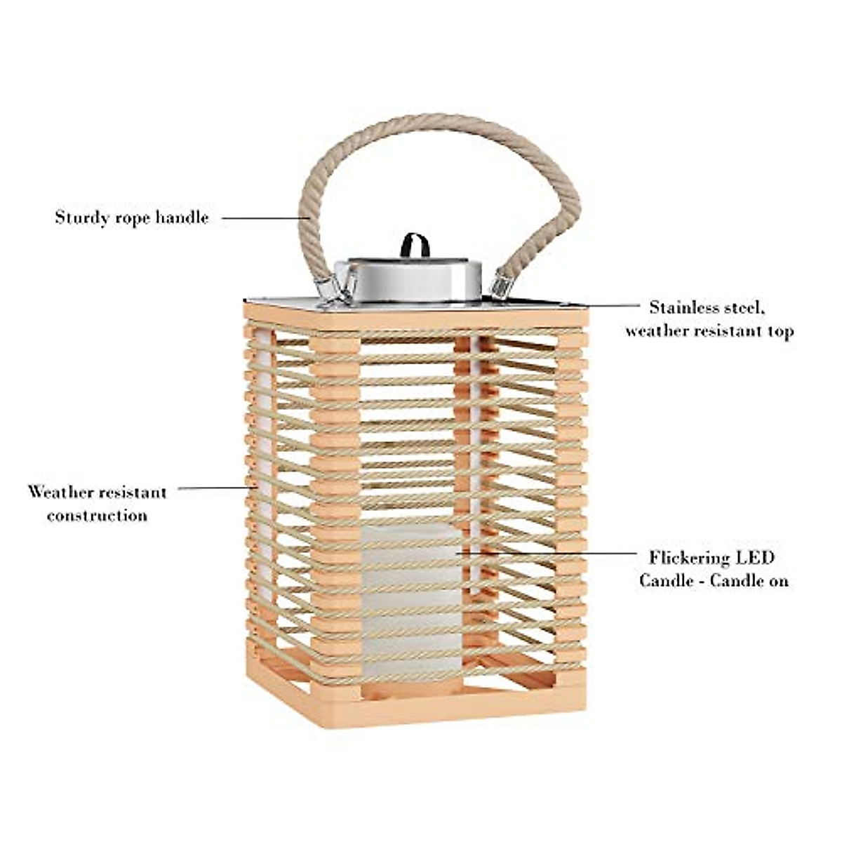Pure Garden 50-LG1085 Solar Powered LED Outdoor/Indoor Flickering Flameless Candle Lantern Decorative Light with Rope Accents (Natural)