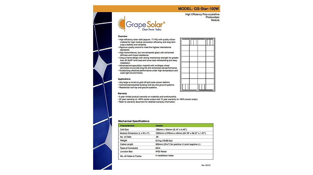 Grape Solar 100W Polycrystalline Solar Panel | High Efficiency