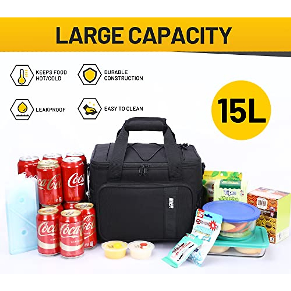 MIER Mens Lunchbox for Work Insulated 24 Cans/15L Large Lunch Bags Leakproof Adult Women Lunch Box Coolers for Travel Beach Picnic Office, Black