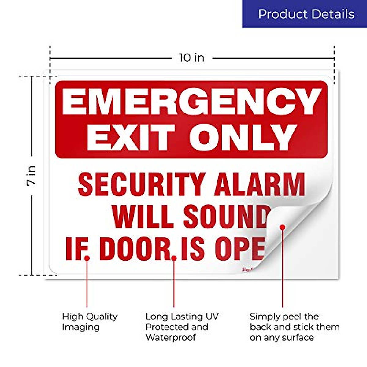 Sigo Signs (2 Pack) Emergency Exit Only Sign, Self Adhesive 7 X 10inches 4 Mil Sleek Vinyl Decal Stickers Weather Resistant Long Lasting UV Protected and Waterproof Made in USA by Sigo Signs