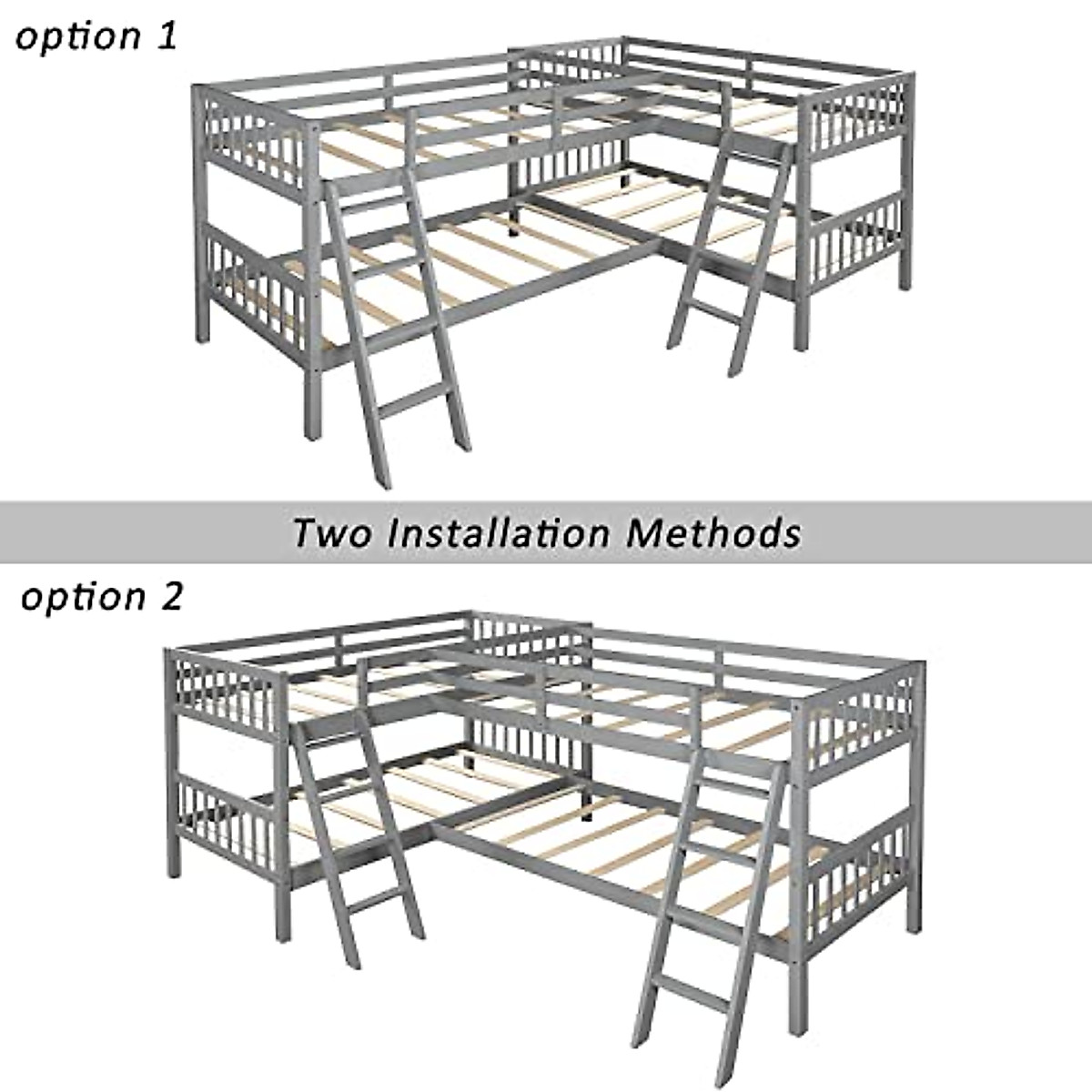 Harper & Bright Designs L Shaped Bunk Bed for 4, Quad Bunk Bed Twin Size, Wooden Bunk Bed Frame for Kids Teens Adults - Gray