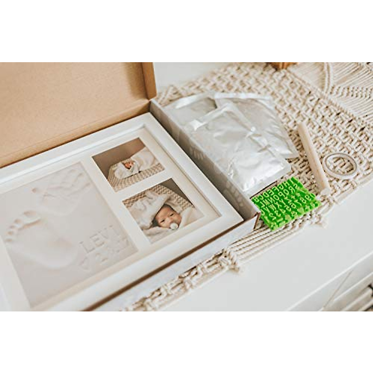 Baby Handprint & Footprint Keepsake Photo Frame Kit - Personalize it w/Bonus Stencil! Non-Toxic Clay, Wall/Table Wood Picture Frame. Perfect Registry, Baby Shower, New Mom, Birthday & Newborn Gift!